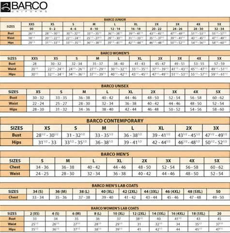 Water Tower Place Uniforms Inc - Barco Size Chart